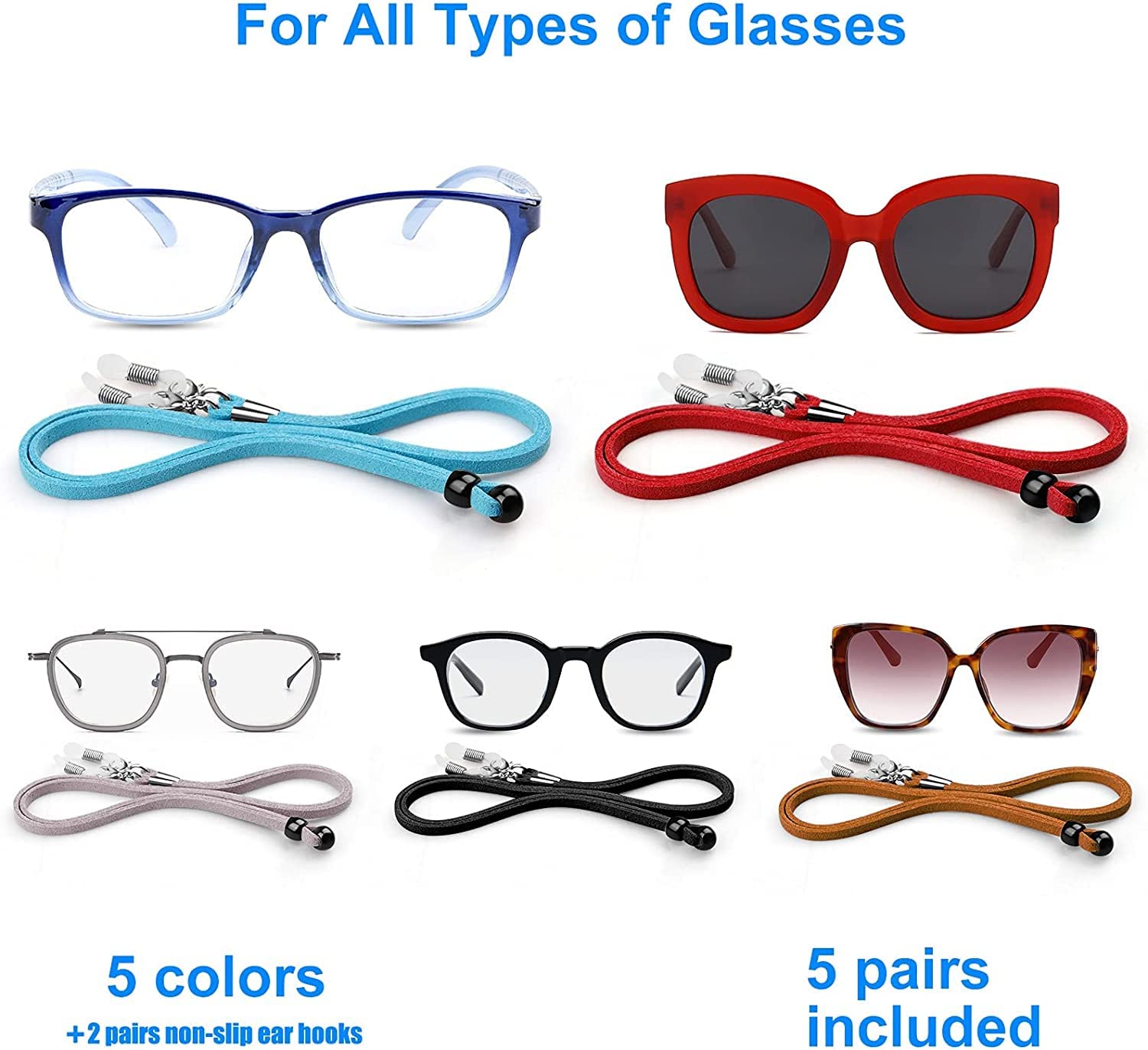 HMLFTIE 5pcs Eyeglass Strap Women Men Adjustable Anti Slip Leather Eyewear Retainers Sunglasses and Reading Eyeglass Lanyard (Black Red Brown Grey Blue)