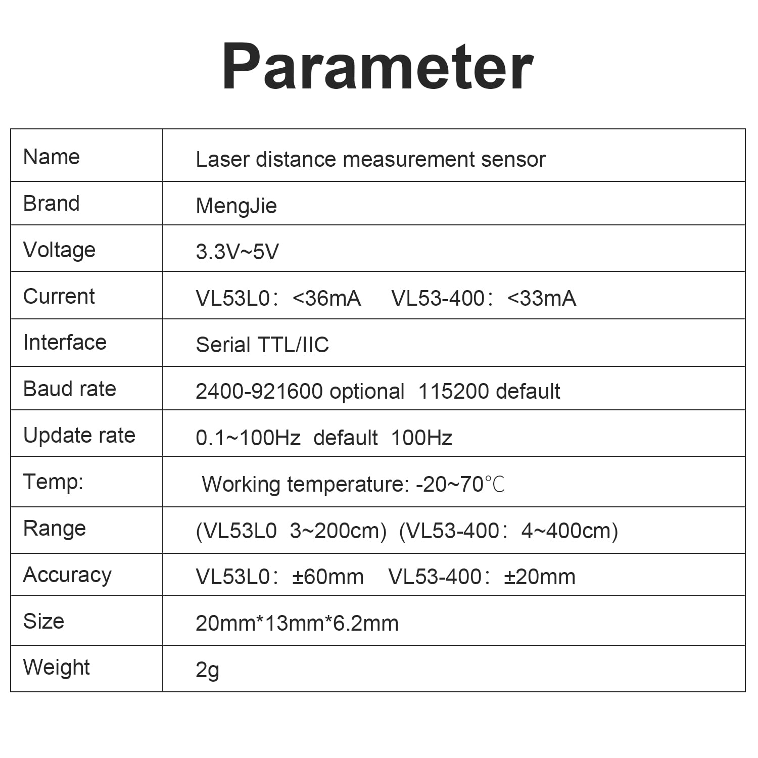 MengJie MJ-VL53L0 TOF10120 3-200cm Laser ranging Sensor Distance Module UART Output 3.3-5V for Tof05140