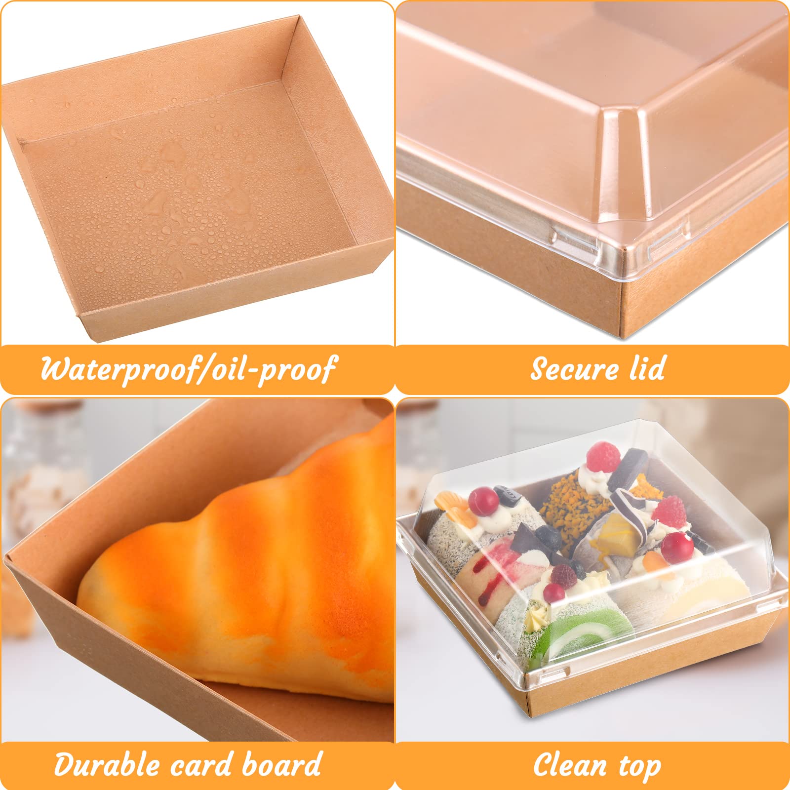 100 Pcs Disposable Food Containers with Clear Secure Lids 5.4 Inch Paper Charcuterie Box Square Cake Boxes Dessert Boxes Cake Slice Container for Sandwich, Cookies, Strawberries, Brown and White