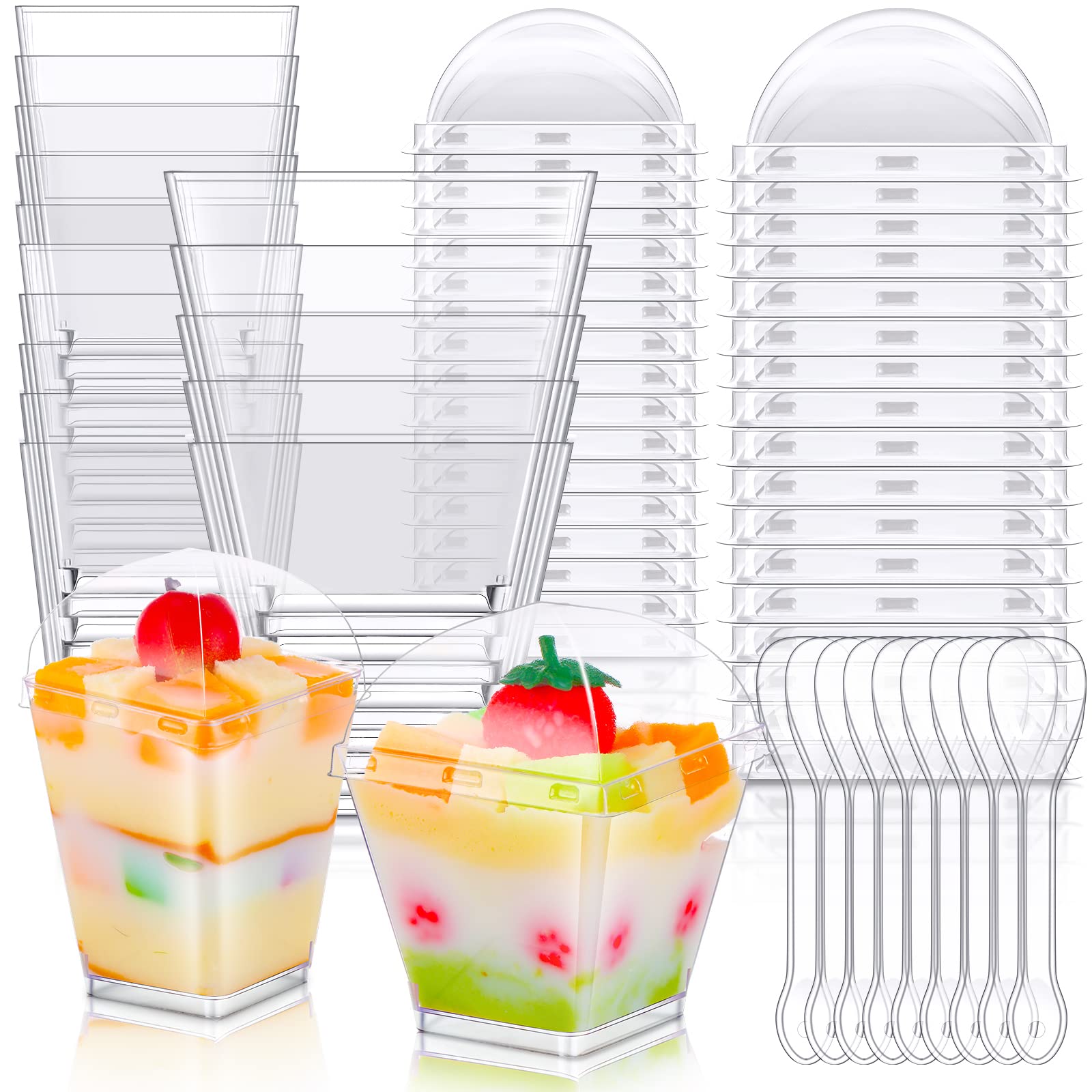 100 Sets Square Dessert Cups with Lids and Spoons Including 50 Pcs 5 oz Clear Yogurt Parfait Cups with Lids 50 Pcs 7oz Small Plastic Dessert Cups Glass Mini Shooter Cups Container for Ice Cream Bowl