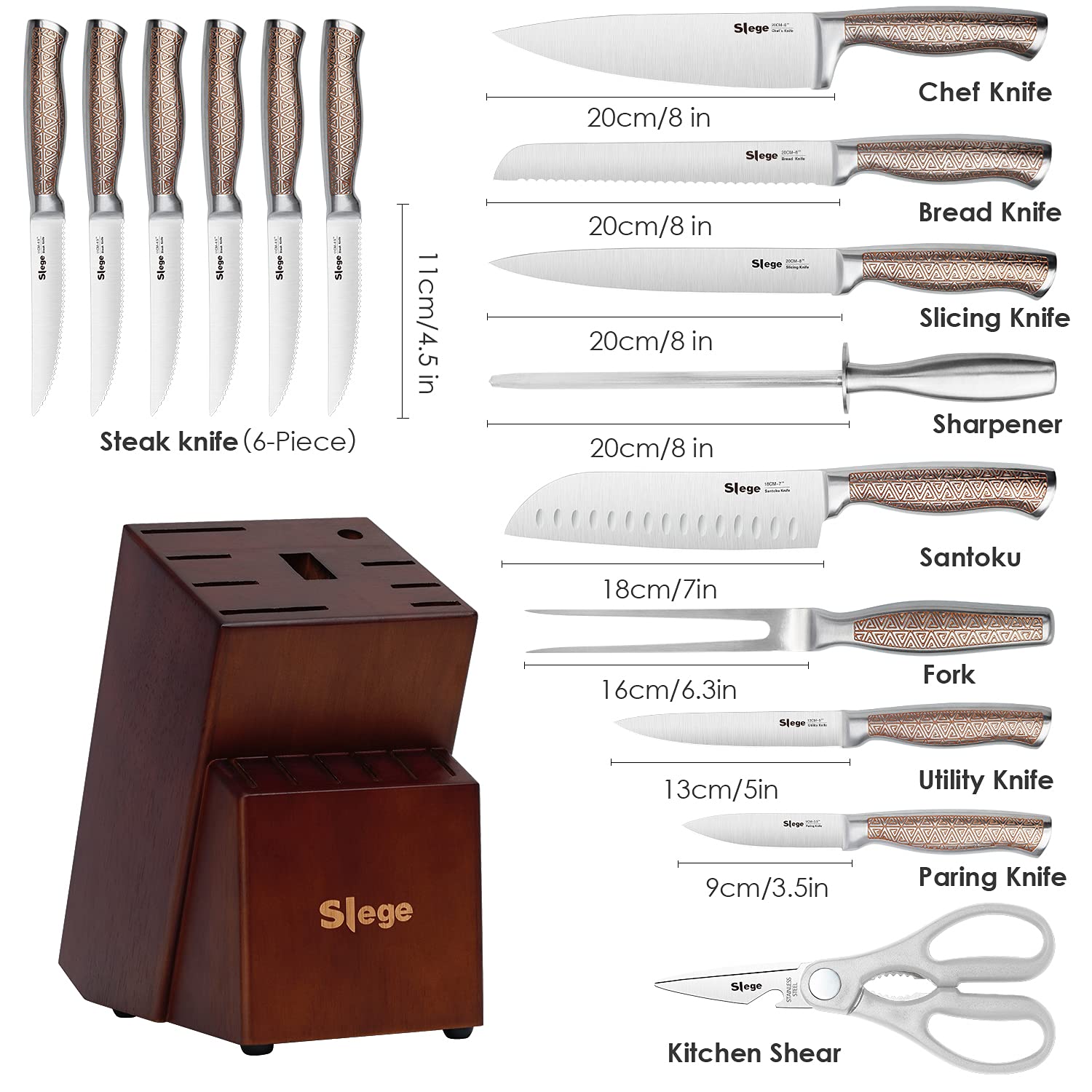 Knife Set with Block,High Carbon Stainless-steel Knives Set for Kitchen,Professional 16 Piece Chef Knife Set with Carving Fork,Manual Sharpener and Non-slip Hollow Handles