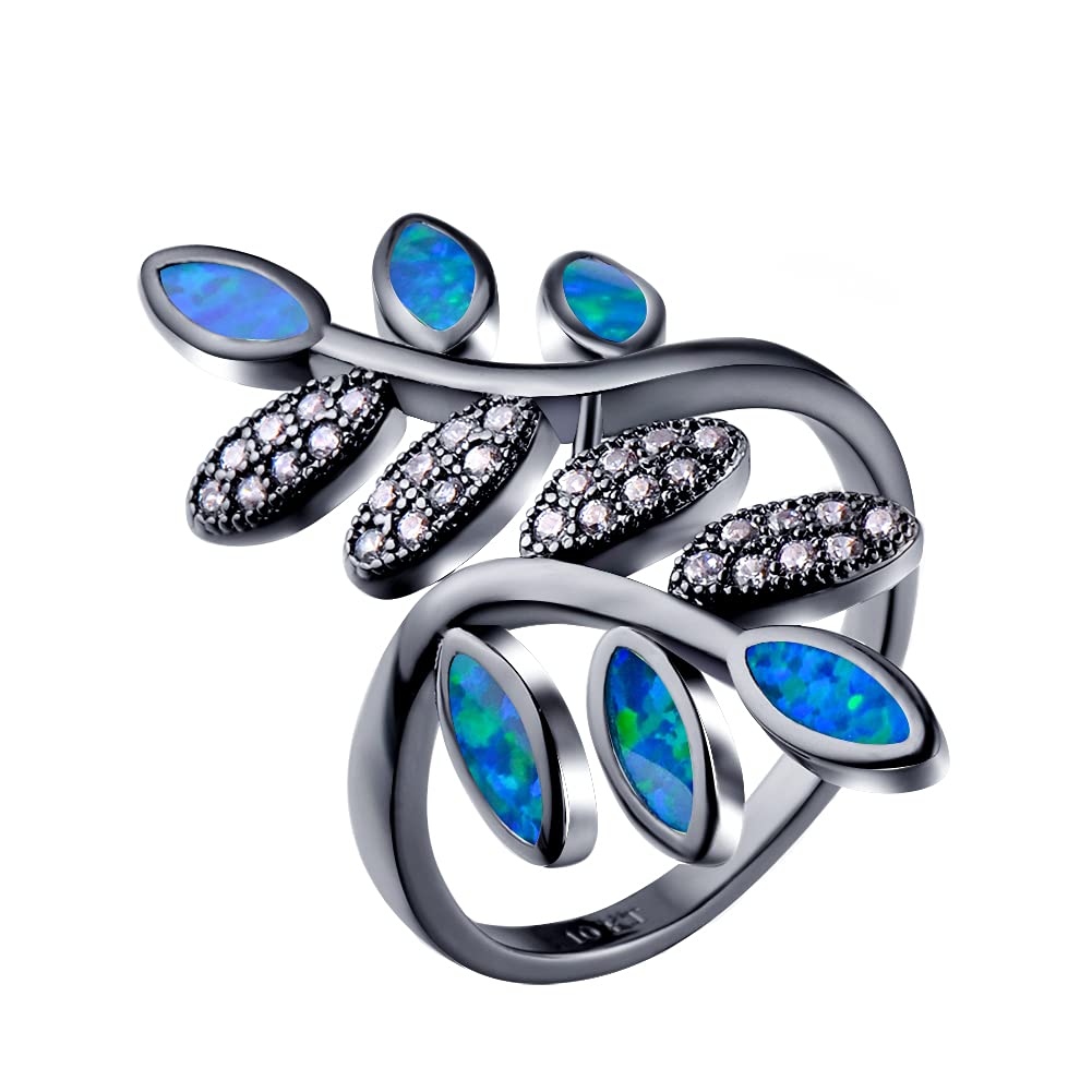 14K Black Gold Leaf Ring, Created Opal Ring Mounted with Cubic Zirconia, 925 Sterling Silver Statement Ring for Women Teen Girls, Size 6 7 8 9 10 (White Opal, 7)