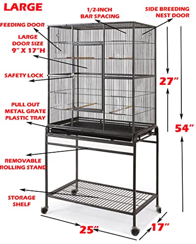 54" Large Wrought Iron Metal Bird Flight Breeder Cage with Side Breeding Nest Doors with Removable Rolling Stand