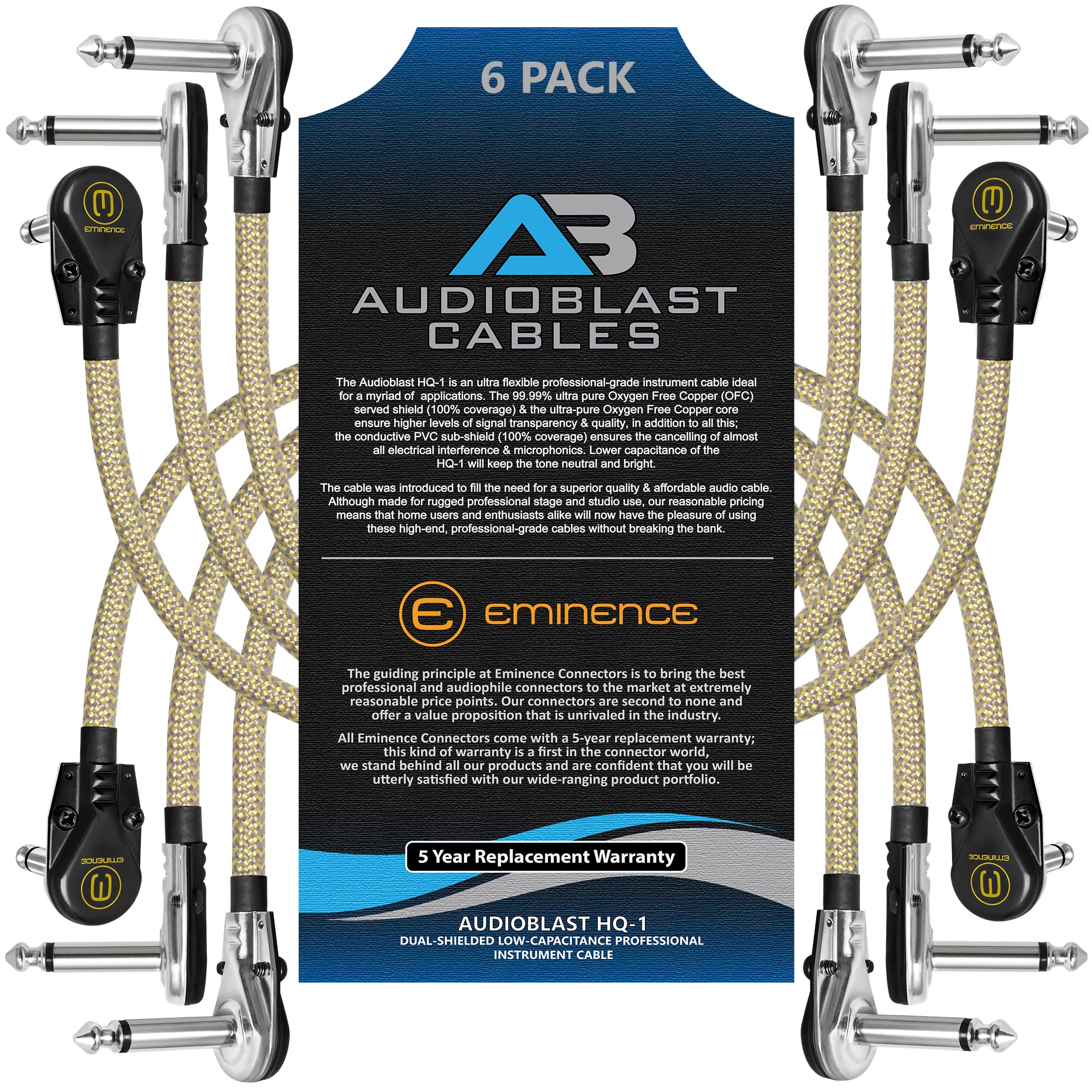 6 Units - 12 Inch - Audioblast HQ-1-BRAID(Tan + Beige) - Flexible - Dual Shielded (100%) - Instrument Effects Pedal Patch Cable w/ ¼ inch (6.35mm) Low-Profile, R/A Pancake TS Plugs & Protective Boot