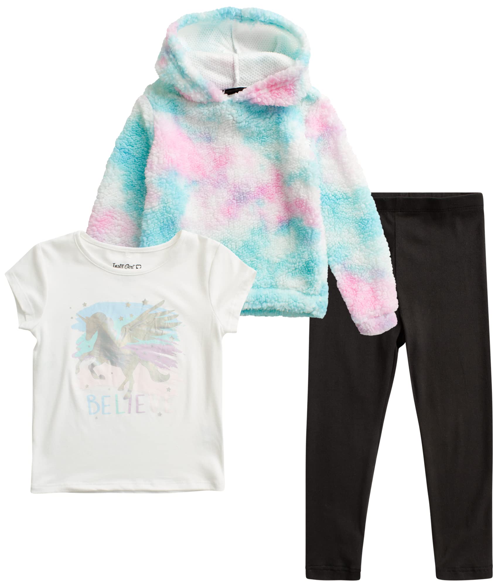 Instagirl Baby Girls’ Leggings Set – 3 Piece Sherpa Hoodie Sweatshirt, T-Shirt, and Leggings (Infant/Toddler), Size 12M, Blue Multi