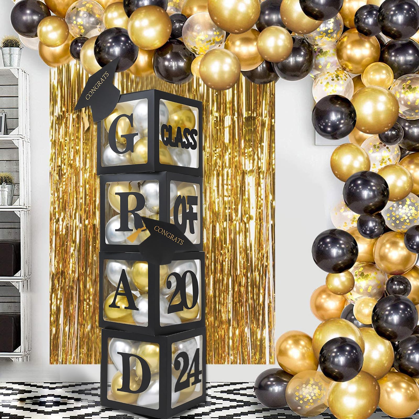 2024 Graduation Balloon Boxes Decorations, 4 pieces Black Graduation Party Balloons Boxes with “GARD” “Class of 2024” Letters, Little Cap Graduation Decorations for Congrats Grad 2024 Decor