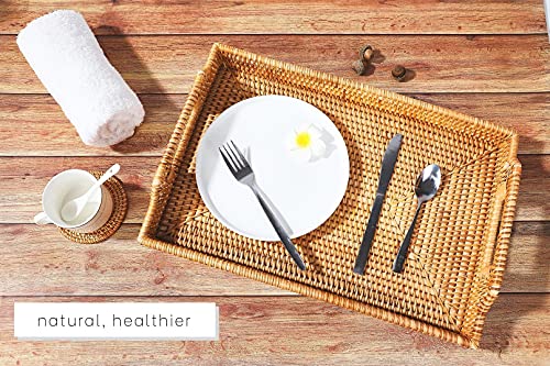 Large Rattan Tray with Rattan Coasters - Premium Flat Rectangular Serving Tray with Handles, Wicker Basket Tray 17''x11.4''x2'' Hand Woven Decorative Bed Tray for Coffee Table, Boho Tray by LYSCO