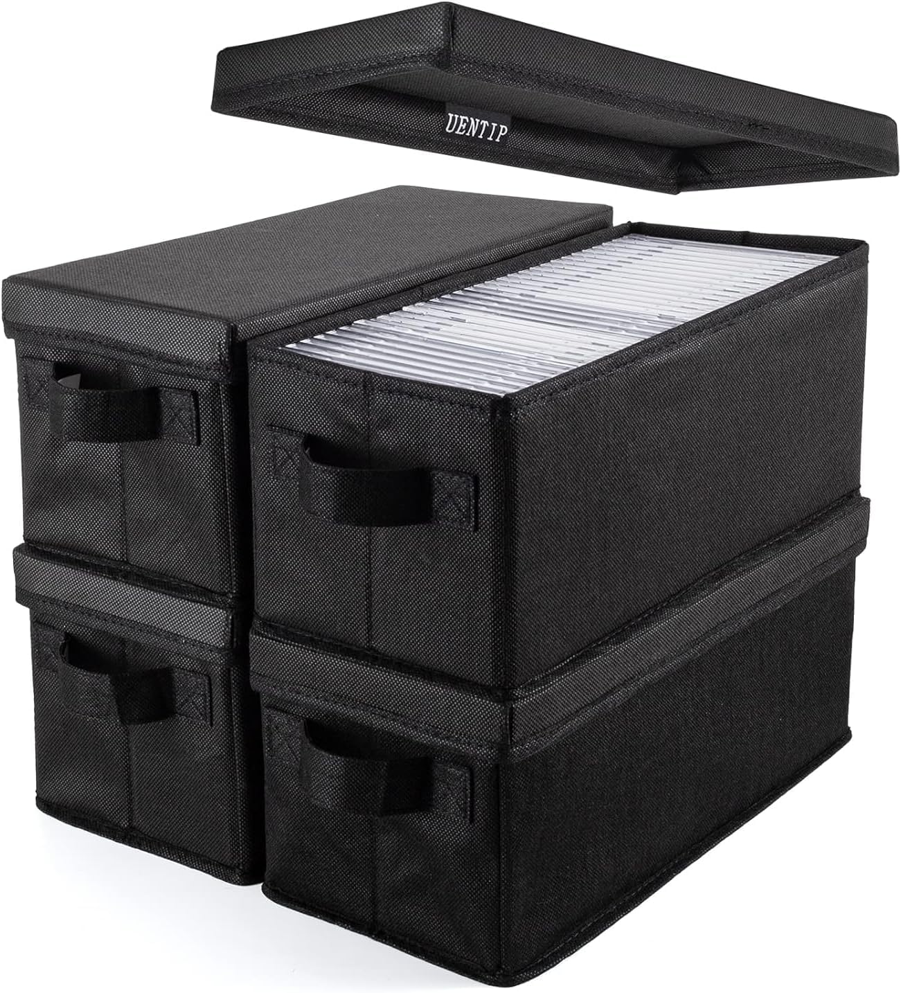 UENTIP CD Storage Boxes - Pack of 4 CD Case Storage - 13.2" x 5.9" x 5.3", Container holds 30 CDs in full jewel cases, 60 CDs in slim cases, and 165 discs in CD sleeves - Black (4pack-black)