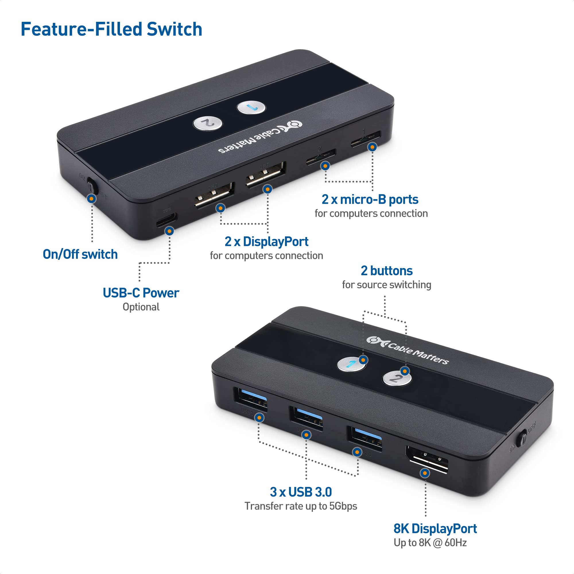 Cable Matters USB 3.0 KVM Switch DisplayPort 1.4 for 2 Computers with 8K@60Hz / 4K@240Hz Display Port Video & 3X 5Gbps USB Ports, FreeSync, G-SYNC and HDR Support - RF Remote Control Switch