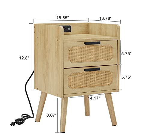 2 PC Nightstands with 2 Natural Rattan Decorated Drawers, Bedside End Table Side Table with 2 AC Outlets & 2 USB Ports, Solid Wood Legs & Particle Board Frame, Natural