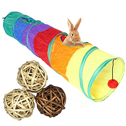 Bunny Hideout, Rabbit Tunnels and Tubes, 3 Pack of Grass Balls - Collapsible Hideaway Small Animal Activity Tunnel Toys for Chinchillas Ferrets Guinea Pigs Gerbils Hamsters Rats, Size - 47 x 10 in