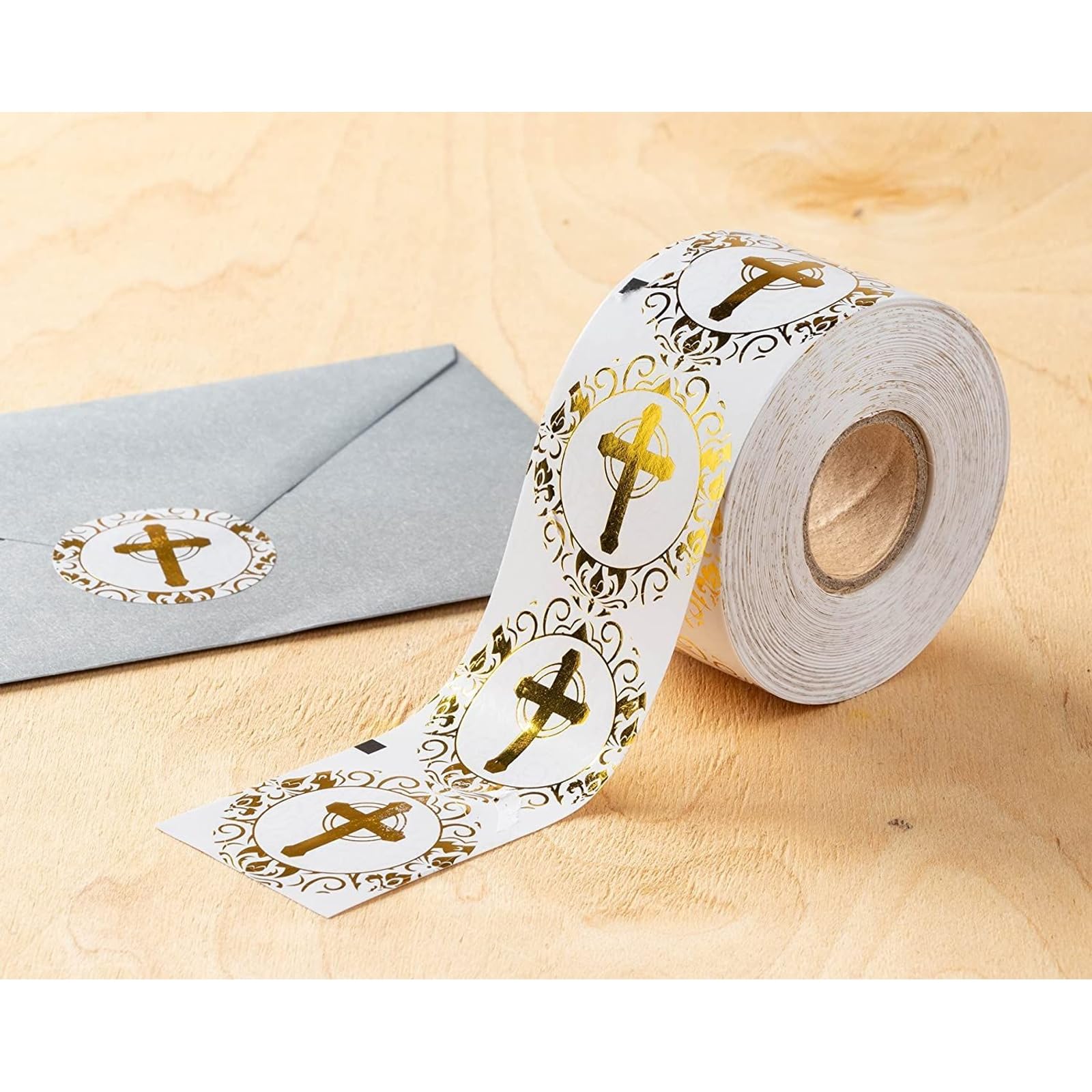500 Count Religious Stickers - Gold Foil Cross Sticker, 1.5 inch Cross Design Round Labels with Gold Foil Finish, Envelope Seals, Easter Themed Party Favors