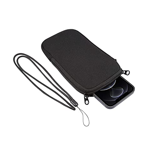 Neoprene Shock Absorbing Proof Pouch Large Cell Phone Sleeve Case Cover w Zipper/Neck Strap for iPhone 14 Plus Samsung Galaxy Note20 Ultra S22 Ultra A13 A03 A23 Moto G Power 2022 LG Stylo 6 (Black)