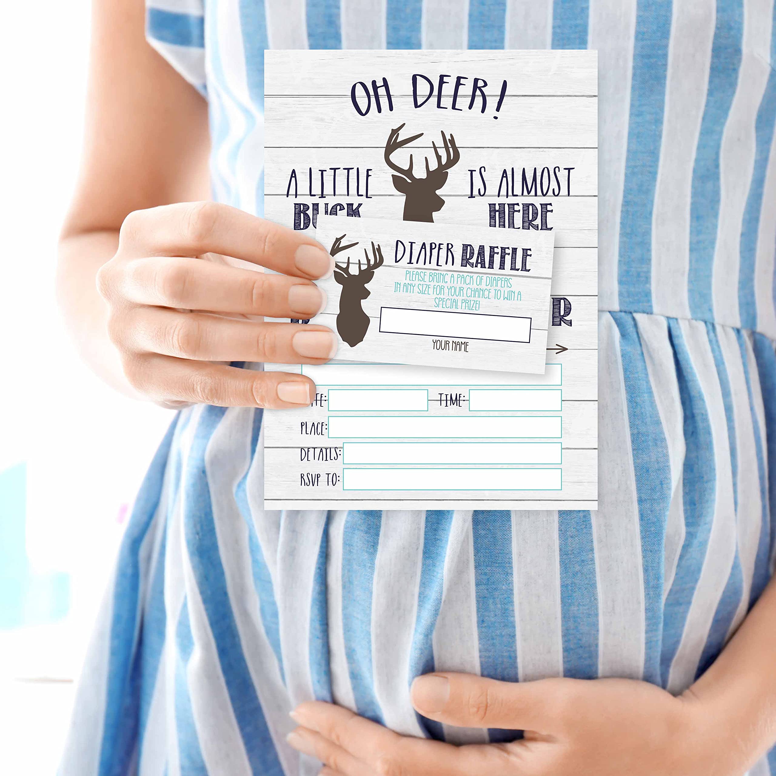 Hadley Designs Deer Baby Shower Invitation set-50 Invitations & 25 Diaper Raffle Tickets For Baby Shower Boy, Hunting Camping Camo Fill or Write in Card, Diaper Raffle Cards Inserts