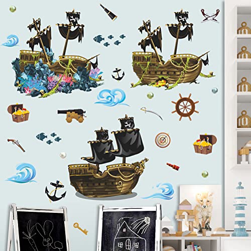 4 Sheet Pirate Ship Wall Sticker Shipwreck Wall Decal DIY Self-Adhesive Waterproof Waves Treasure Fish Hook Pearl Coral Reef Wall Art Decoration for Kitchen Bathroom Kids Boys Bedroom Playroom Nursery (A)