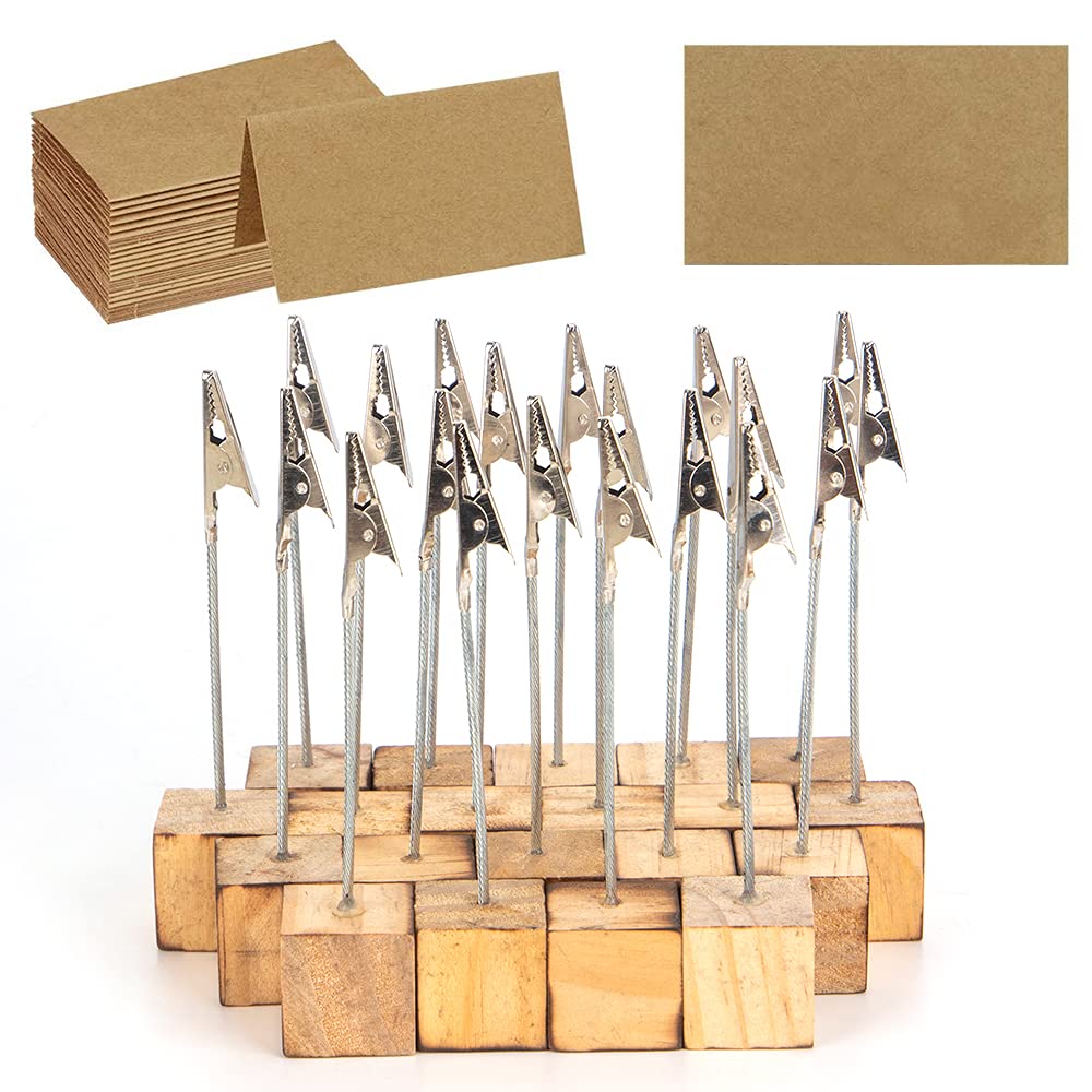 20 Pcs Rustic Wood Place Card Holders with Memo Clips and 30 Pcs Kraft Place Cards, Wooden Table Number Holder Stand Photo Picture Note Clip Holders for Wedding Party Name Sign - Cube Base