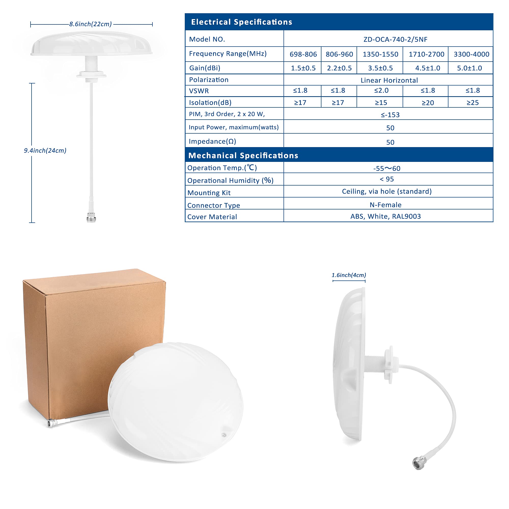 ZDTECH Ultra Thin Dome Ceiling Antenna, Omni-Directional Indoor Antenna, Wide Band Mount Dome Antenna with N-Female Connector for Cell Phone Signal Booster Router Gateway (698 to 4000 MHz)