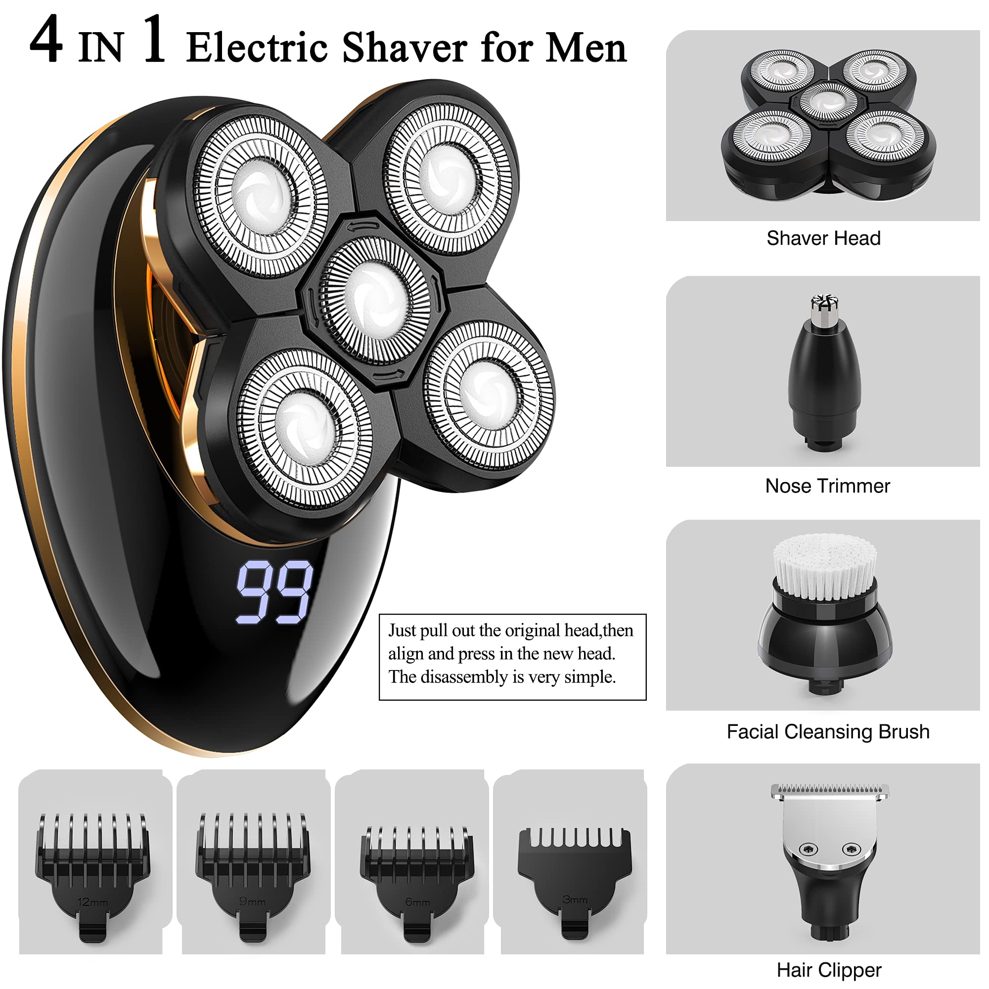 Head Shavers for Bald Men,Kibiy Electric Shavers for Bald Men Cordless,Men's Electric Shaver Bald Head Shavers for Men Rechargeable Shaver for Men Waterproof Rotary Shaver Grooming Kit
