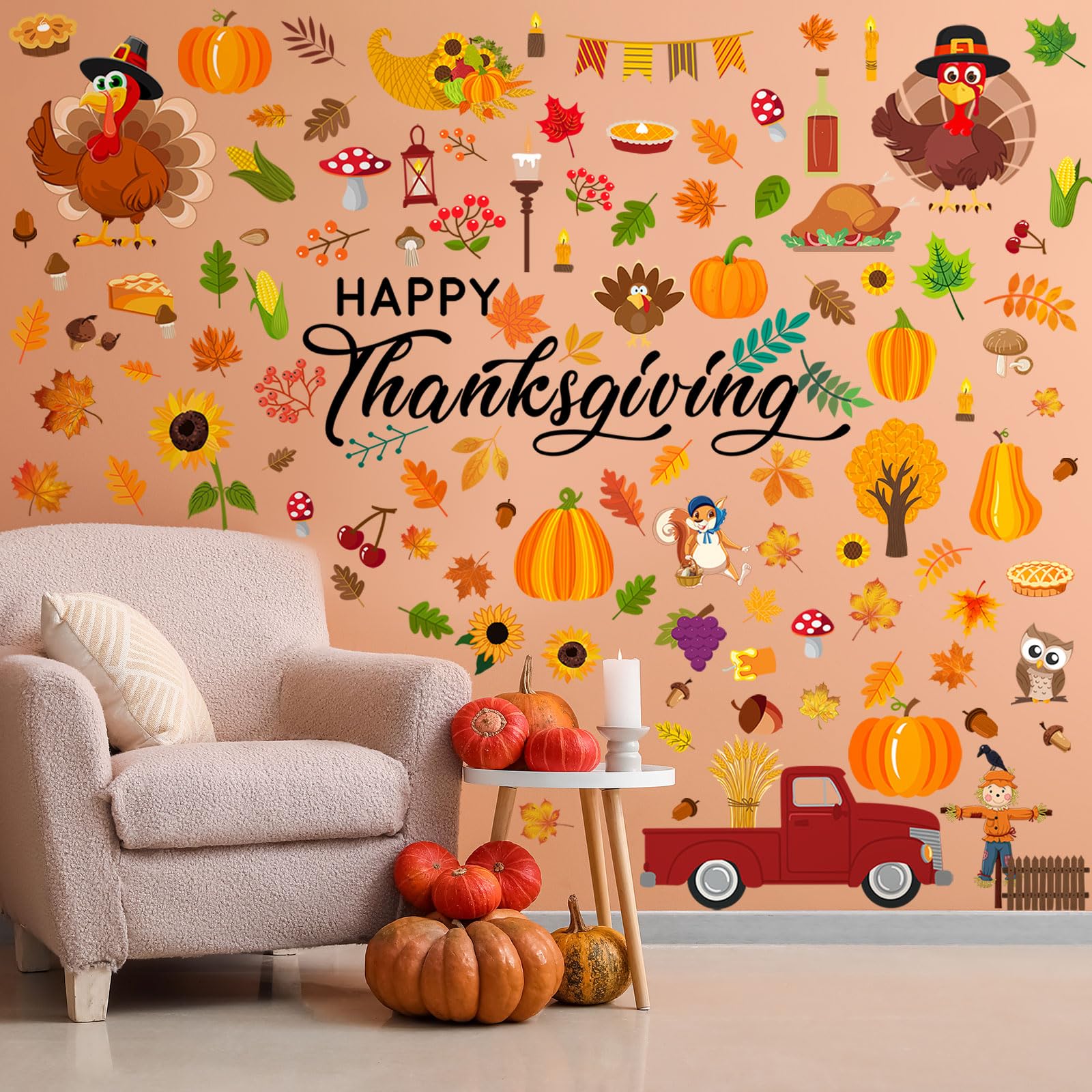 115 Pcs Fall Thanksgiving Wall Decals Turkey Maple Leaves Wall Stickers Autumn Pumpkin Wall Decals Decor Fall Leaves Window Clings Wall Decoration for Bedroom Living Room Home Decor