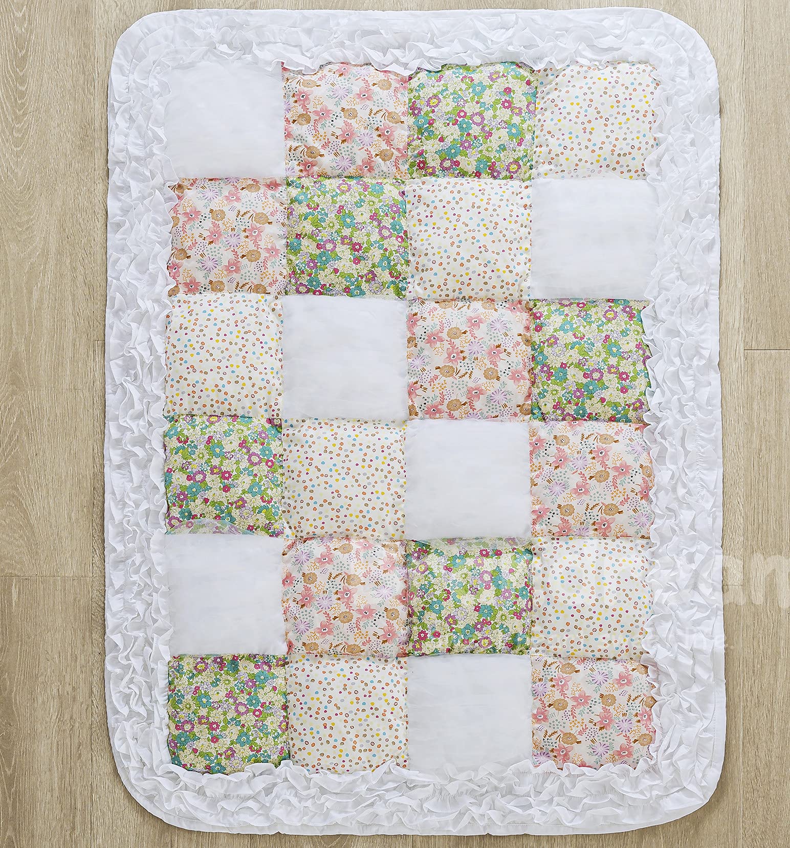 Brandream Luxury Girls Nursery Bedding Farmhouse Floral Crib Bedding Patchwork Baby Blanket Set, 4 Piece Cotton Layered Ruffle Set Pink White Green