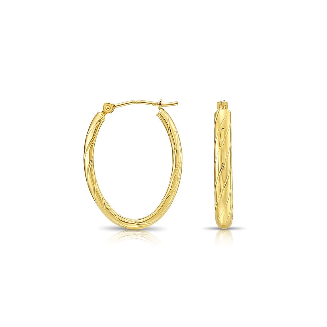 14K Gold Hoop Earrings with Spiral Ridges, Oval and Round Available (Oval Two Tone)