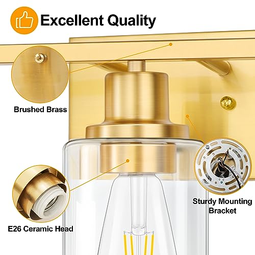 3-Light Brushed Gold Bathroom Light Fixtures, Brushed Brass Vanity Light Fixture Modern Bath Wall Sconce Lighting Wall Mount Lights Over Mirror with Clear Glass Shade for Living Room Bedroom Hallway
