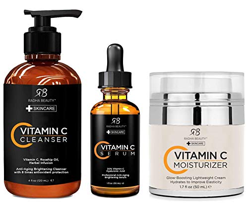 Radha Beauty Vitamin C Complete Facial Care Kit - 3-in-1 Anti-Aging Set with Cleanser, Serum, and Moisturizer for Wrinkles, and Dark Spots. Day & Night Brightening Skincare Gift Set