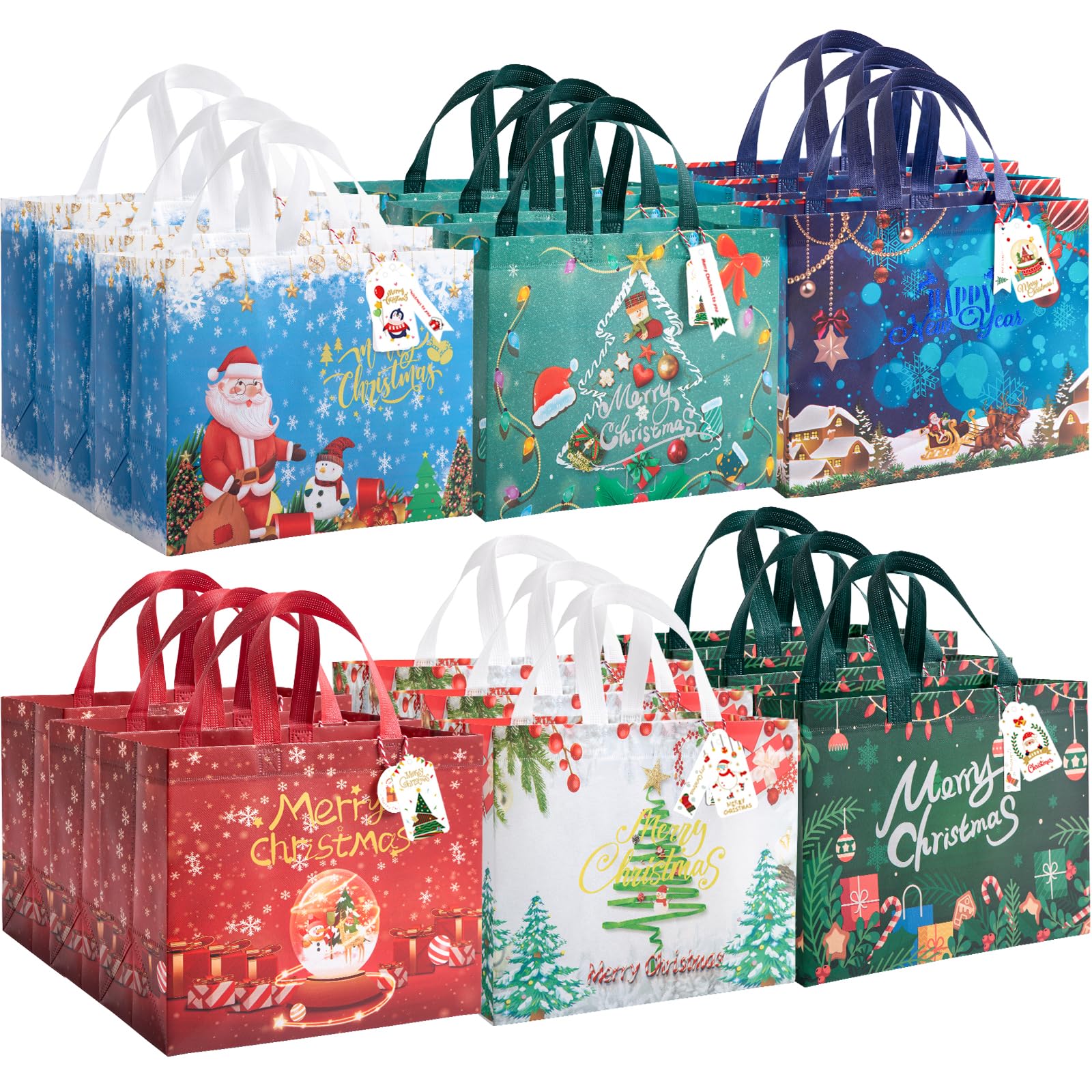 18Pcs Christmas Gift Bags with Gift Tags, Large Gift Bags Reusable Shopping Bags have Santa Claus Christmas tree snowman "Merry Christmas" Pattern of Gift Bag for Christmas Party, Christmas Surprise