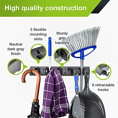 Alpine Mop And Broom Holder Wall Mount β Durable Holders For Garden Tools Broom Rake Gripper With 5 Slots & 6 Hooks - A Home Organization Must Haves