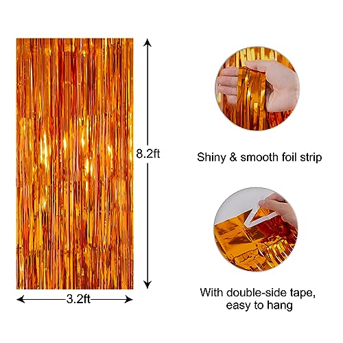 2 Pack 3.2x8.2ft Tinsel Foil Fringe Curtains, Streamers Backdrop Curtains with Adhesive, Photo Booth Background - Home Wall Window Decorations for Birthday, Wedding Party Decor, Orange