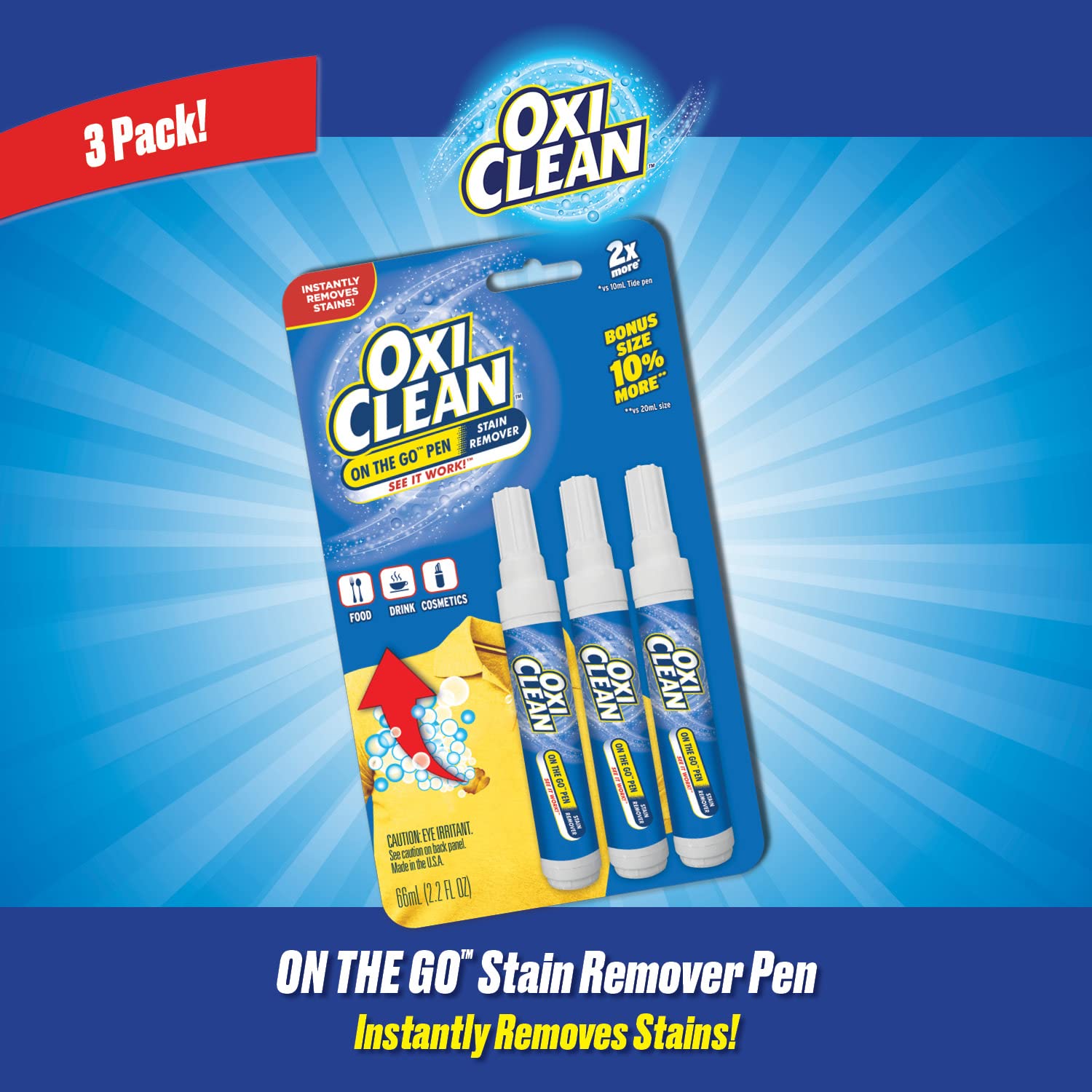 OxiClean On The Go Stain Remover Pen for Clothes and Fabric, Instant Stain Removal Stick, Pack of 3