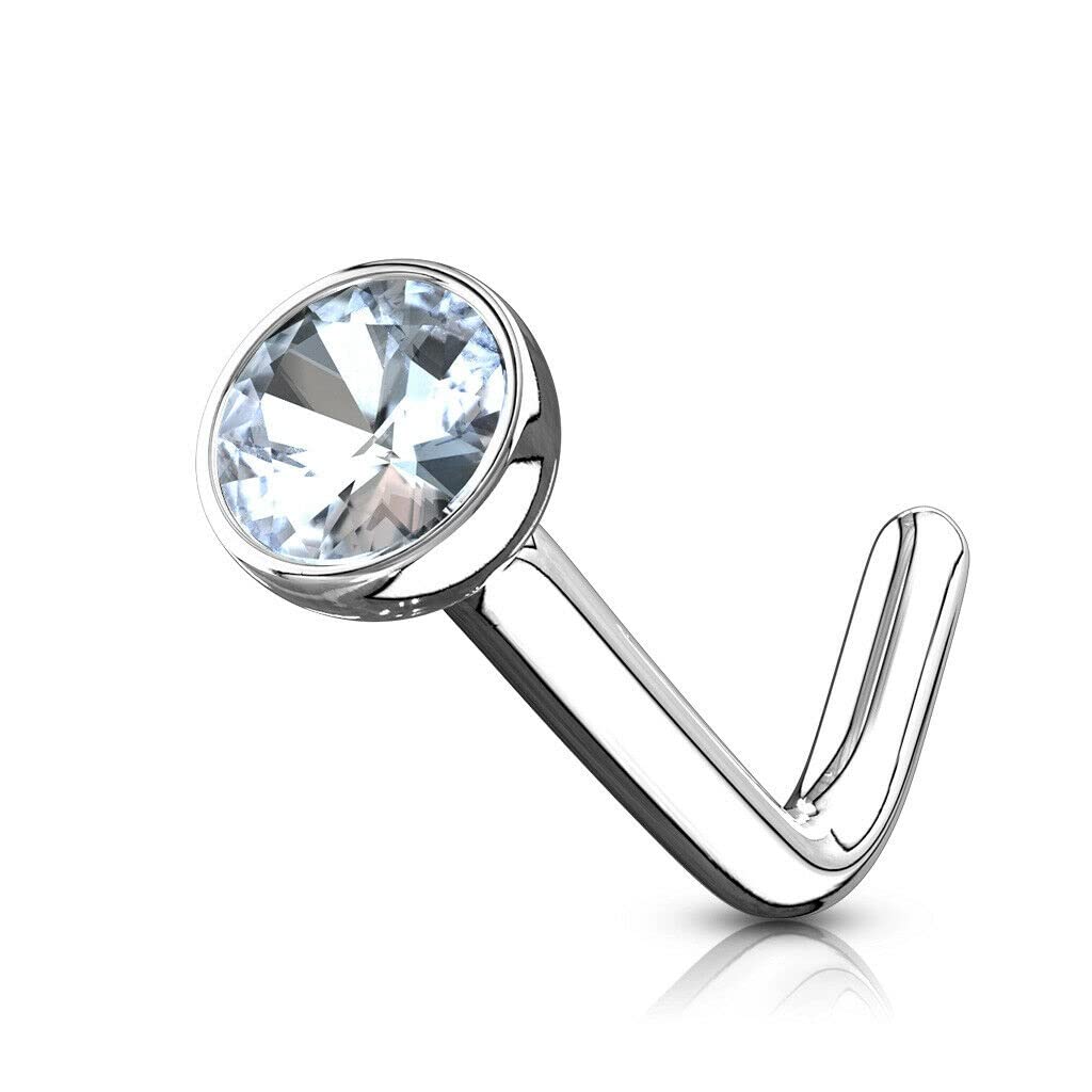 14 Karat 14K White Gold Bezel Set CZ Ball L Bend Nose Stud Ring 18G 1/4"