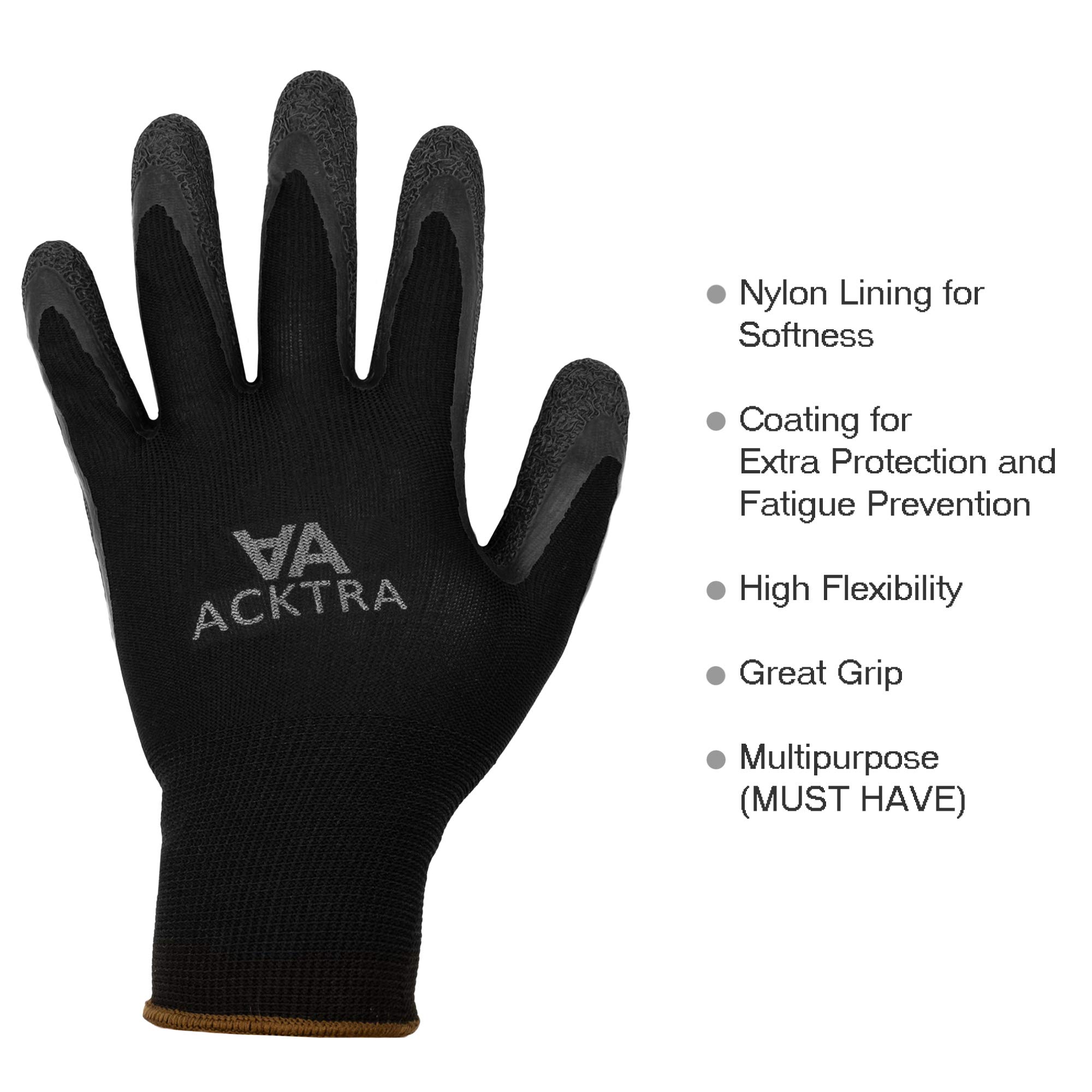 ACKTRA Coated Nylon Safety WORK GLOVES 12 Pairs, Knit Wrist Cuff, Multipurpose, for Men & Women, WG008 Black Polyester, Black Latex, Medium