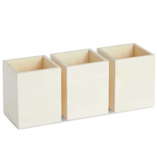3-Pack Unfinished Wood Pencil Holder Cups for Office Supplies, Wooden Pen Organizer for Desk Organization, Classroom, Home, Accessories Storage, Arts and Crafts (3x3.5 in)