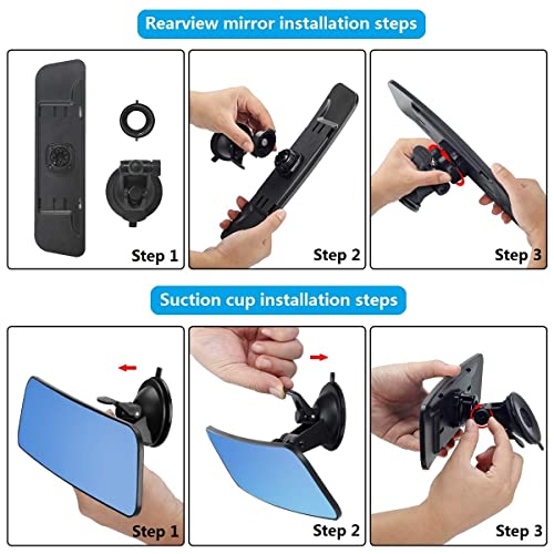 12'' Large Anti Glare Rear View Mirror with Suction Cup, Stick on Universal Frameless Inside Rearview Blue Mirror with Panoramic Wide Angle Mounted on Windshield for Car Marine Auto Boat Truck SUV Van