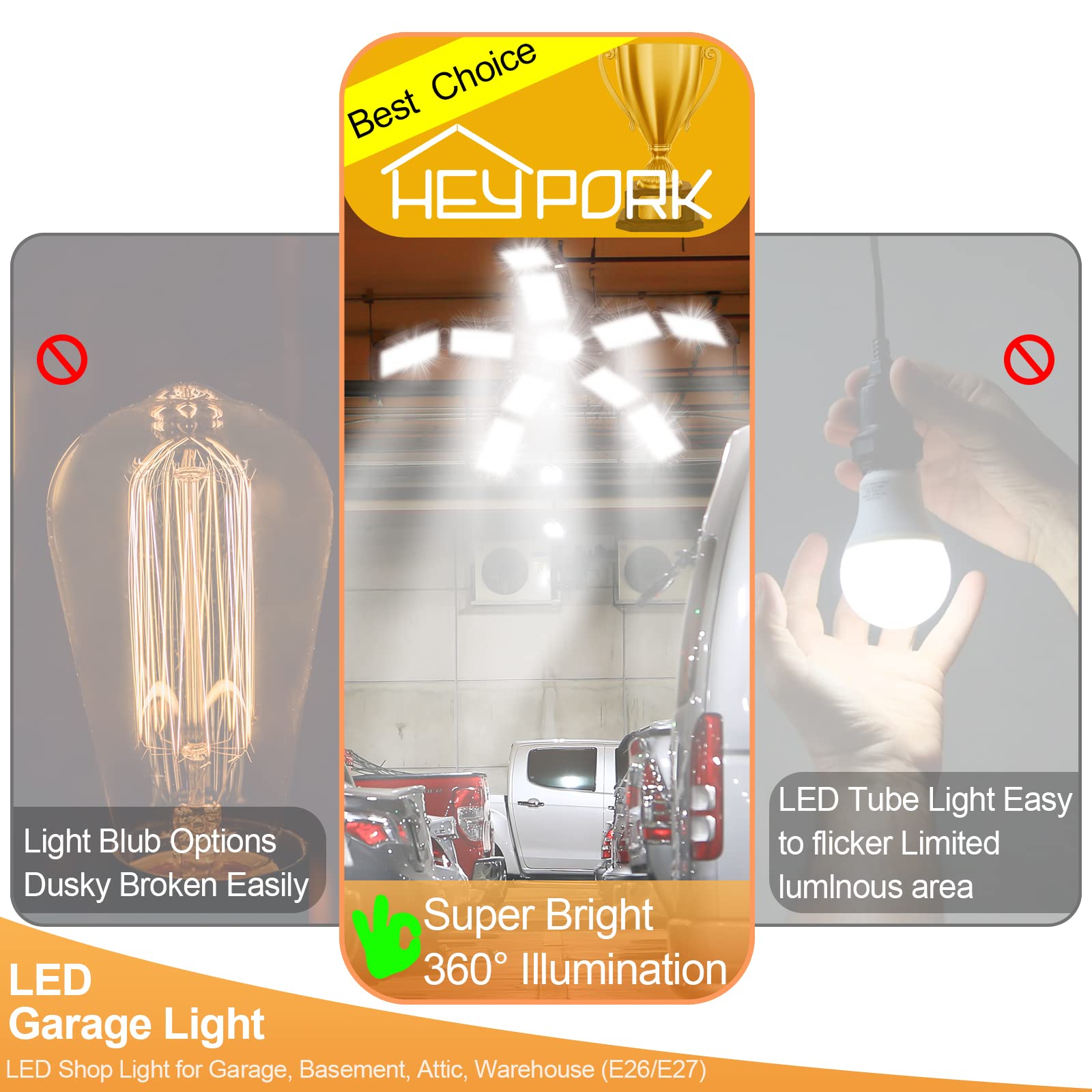 HEYPORK E26/E27 Socket Garage Light 180W 18,000LM 363Pcs LED Shop Light 6,500K Extra Bright LED Indoor Lights Foldable Garage Lighting Adjustable Garage Light Bulbs with Multiple LED Lights Deformable