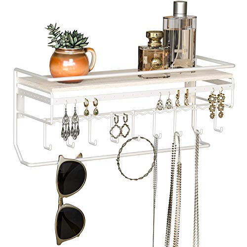 JackCubeDesign Hanging Jewelry Organizer with 9 Hooks, Wall Mount Necklace Earring Bracelet Sunglass Holder with Wood Shelf (White Metal) - MK237D