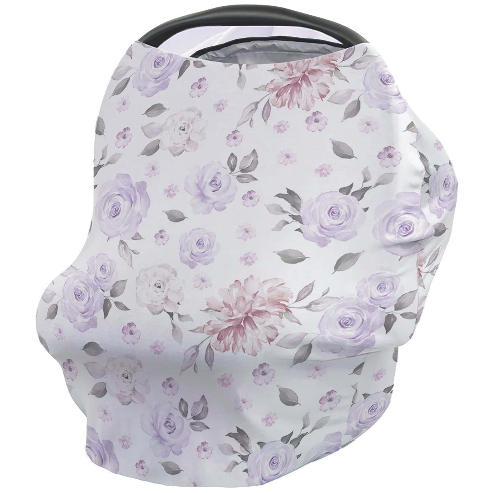 Car Seat Canopy Nursy Cover, Watercolor Spring Purple Floral Leaves Multi Use Breastfeeding Scarf for Infant Carseat Canopy, Stroller, Shopping Cart, Highchair Lavender Rustic Retro Style