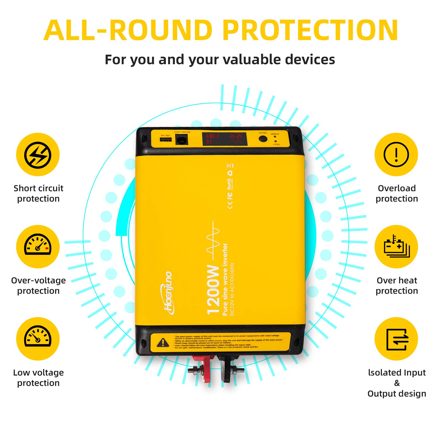 1200W Pure Sine Wave Inverter Power Converter DC 12V to AC 110-120V Power Source with 15 Feet Remote Control Cable