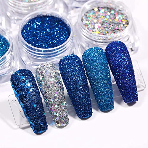 6 Boxes Holographic Nails Glitter Powder Nail Art Supplies Metallic Shining Flakes Blue Silver Nail Glitter Set for Nails Art Decoration