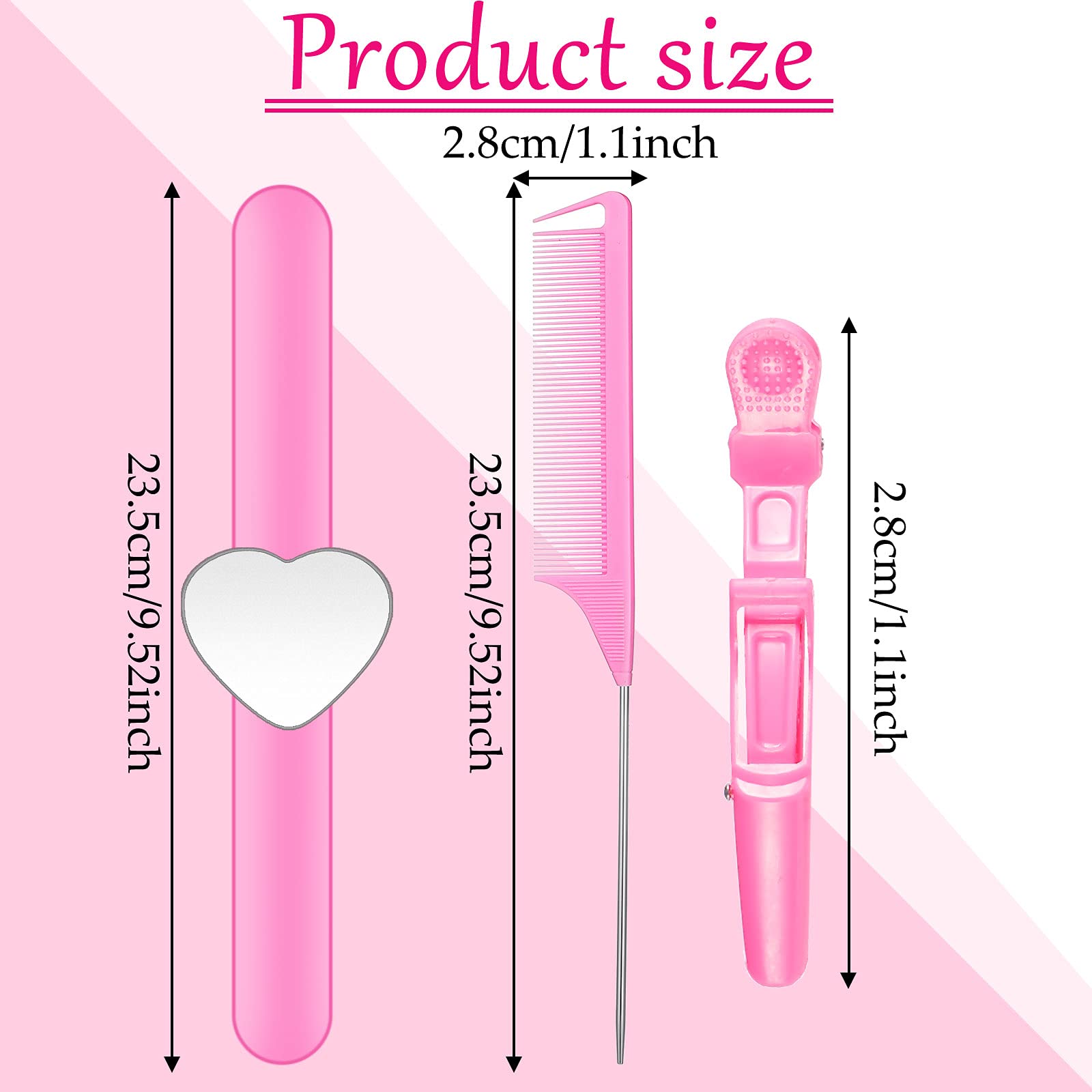 Nuenen Hair Braiding Tools 7 Pieces Set Including Magnetic Pin Wristband, Stainless Steel Rat Tail Combs, and Wide Teeth Alligator Sectioning Hair Clips (Pink)