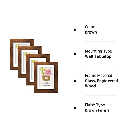 4x6 Picture Frame Set of 4, Display Photo 4x6 with Mat or 5x7 without Mat, Wooden Rustic Picture Frames for Tabletop or Wall Mounting, Brown
