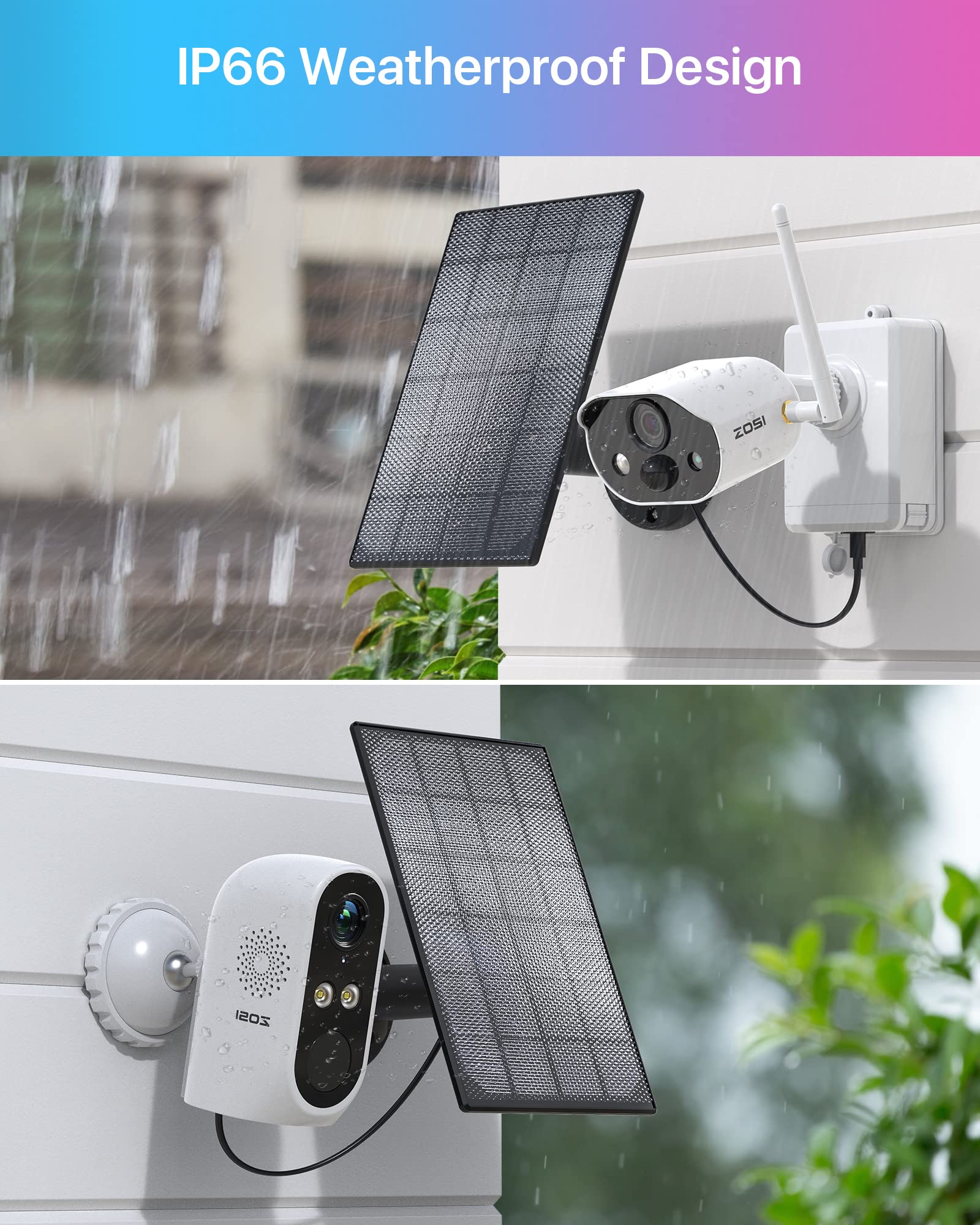 ZOSI Solar Panel Power Supply Only for ZOSI Security Wireless Rechargeable Battery Powered Camera C1pro & C306pro, IP66 Waterproof, 360° Adjustable Mounting Bracket, Non-Stop Charging