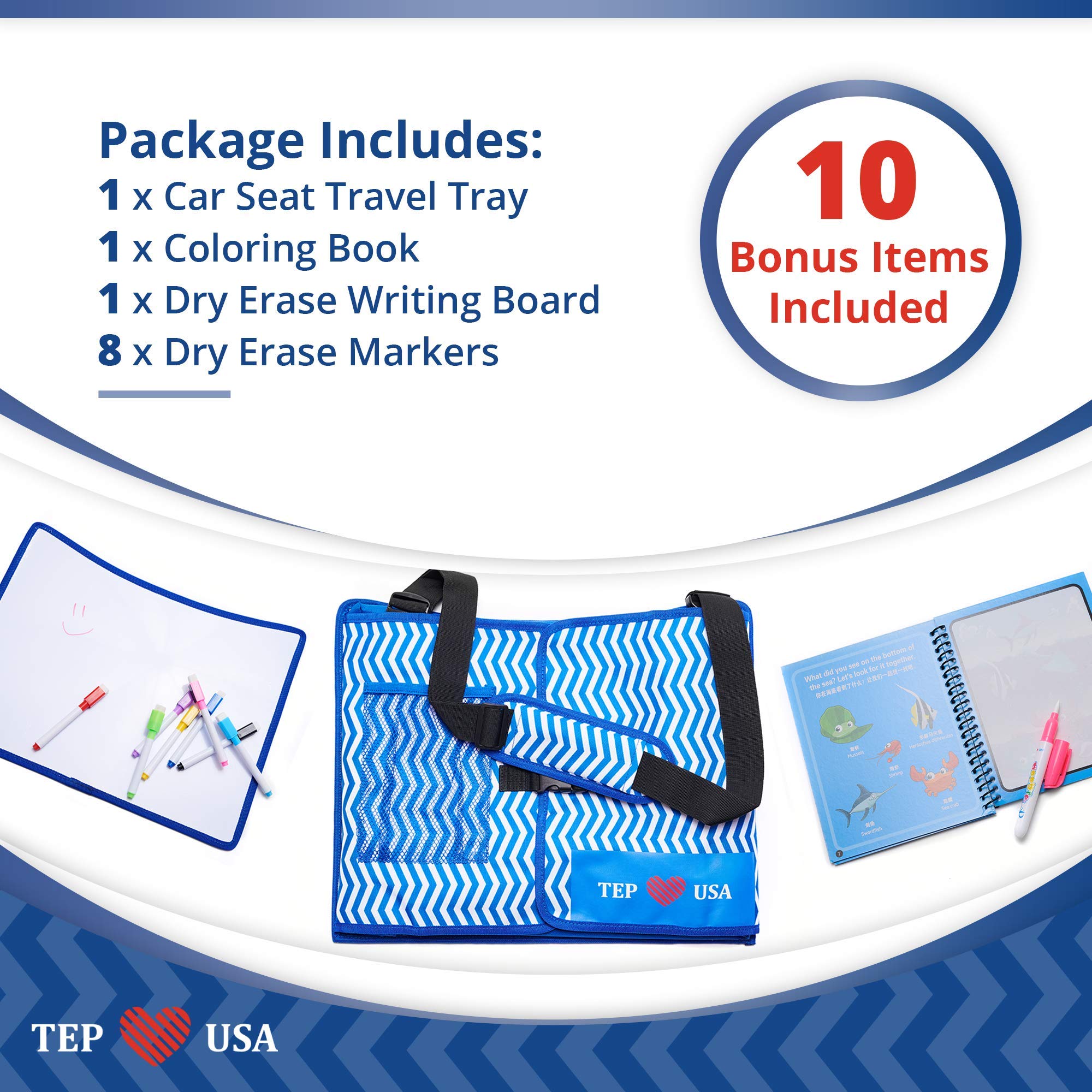 Car Seat Kids Travel Tray - Toddler Lap Activity Table Includes Dry Erase Board, Dry Erase Markers, Coloring Book & Secure Tablet Cover - Comfort Car Tray Base, Foldable with Easy to Carry Strap