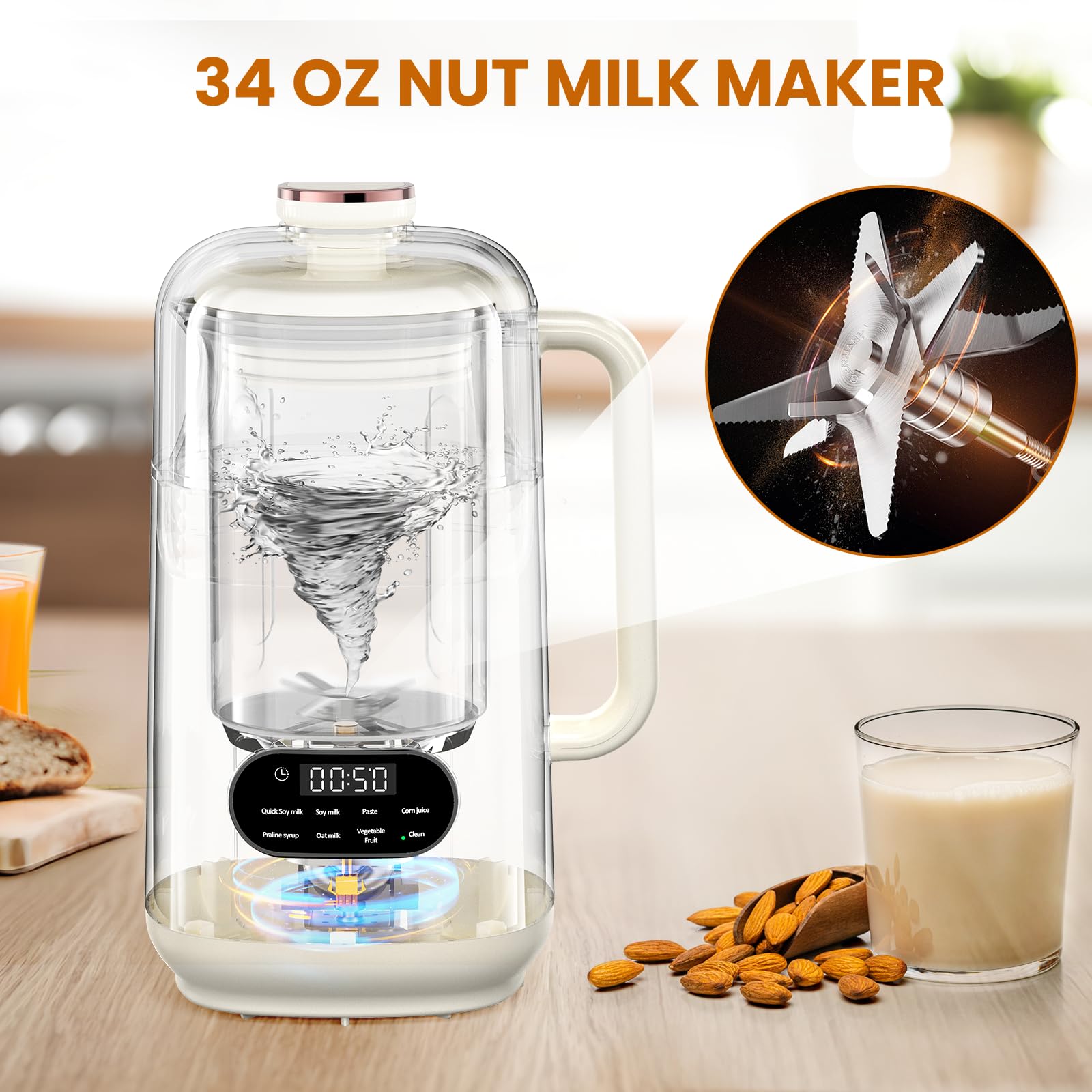 34oz Nut Milk Maker,8 in 1 Automatic Soy Milk Maker for Homemade Nut,Soy,Almond,Oat Milk,Fruit and Vegetable,Almond Milk Maker with Delay Start/Keep Warm/Self-Cleaning,White