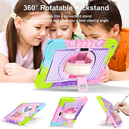 Hocase for iPad 9th/8th/7th Generation Case 10.2", with Pencil Holder/360 Rotation Stand/Hand Strap, Heavy Duty Shockproof Rugged Soft Silicone Hard Protective Case for Kids, Girls & Women - Rainbow