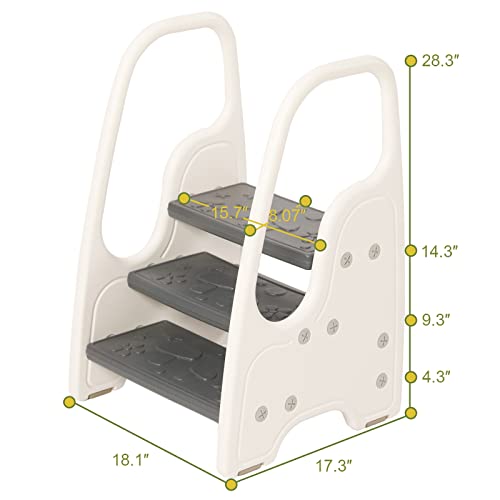 3-Step Stool with Handrails for Toddler and Kids, Standing Learning Tower for Bathroom Sink, Potty Training, Children Step Up Learning Helper with Handles and Safety Non-Slip Pads(Gray)