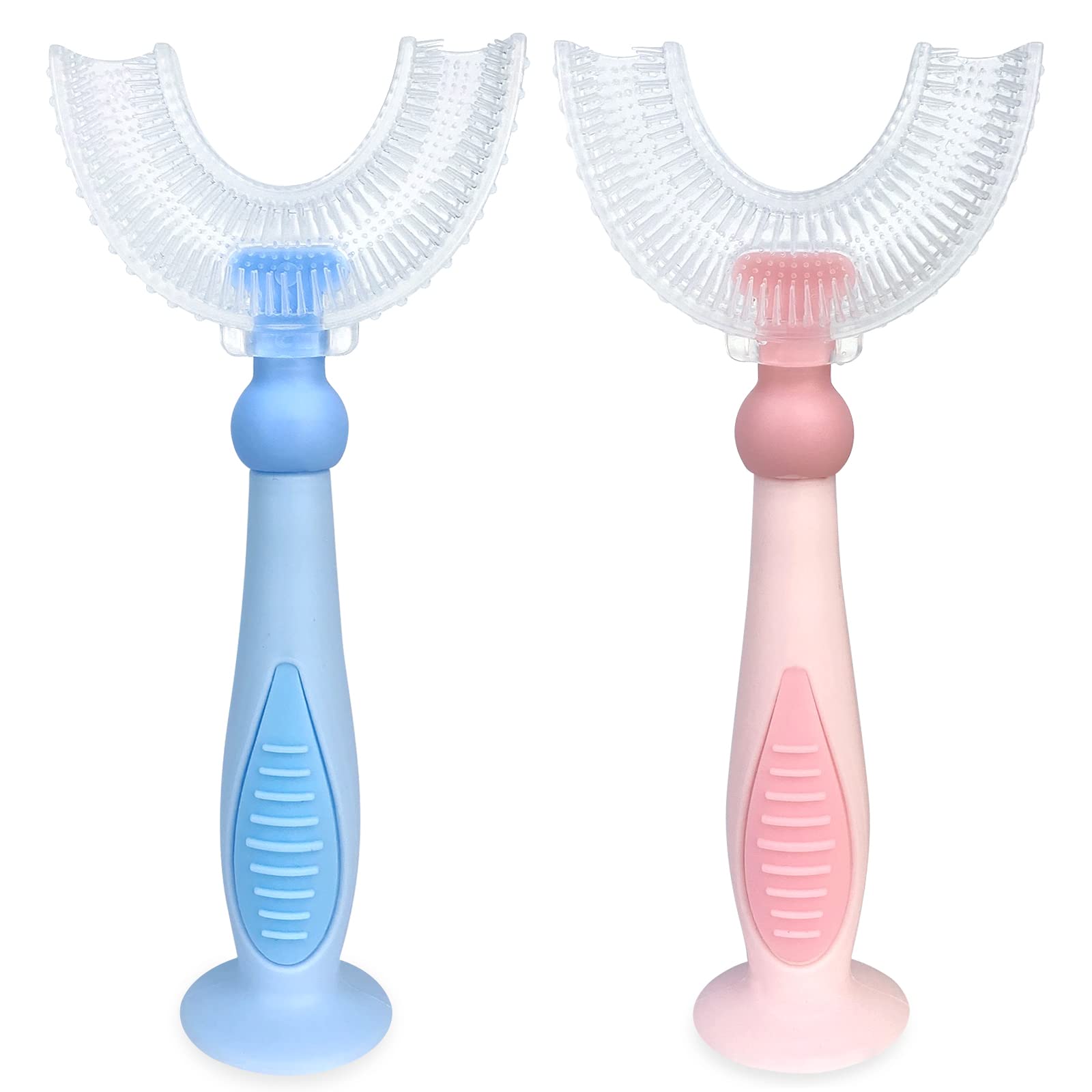 2 Pack Kids U-Shaped Toothbrush, Manual Training Tooth Brush, Food Grade Soft Silicone Brush Head, 360°Oral Cleaning, U-Type Toothbrush Whole Mouth for Toddlers and Children-Blue+Pink (Age 2-6)