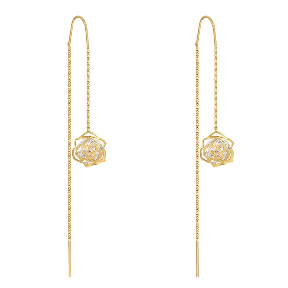 14K Gold Rose Flower Dangle Earring For Women Tassel Threading Long Chain Earrings For Women Drop Earrings For Bridesmaid