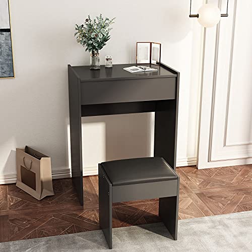 JAXPETY Vanity Makeup Table Set with Flip Top Mirror and Cushioned Stool, Makeup Dressing Table w/Organizers Jewelry Storage for Girls (Black)